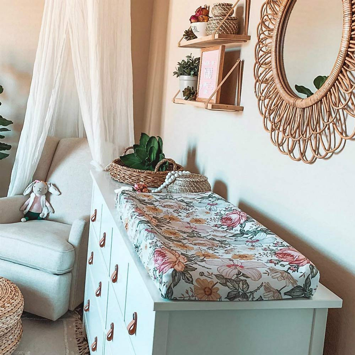 Diaper Changing Pad Cover, 2 Pack, Floral Changing Table Cover, Green Leaf Changing Pad Covers, Jersey Knit Changing Table Sheets, Gender Neutral Crib Bedding Covers for Baby Boy Girl