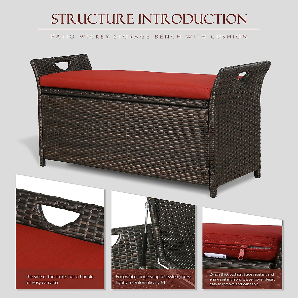 PATIO TREE 40 Gallon Outdoor Storage Bench Rattan Deck Box Patio Steel Frame Wicker Storage Container with Cushion, Red NPT-900004