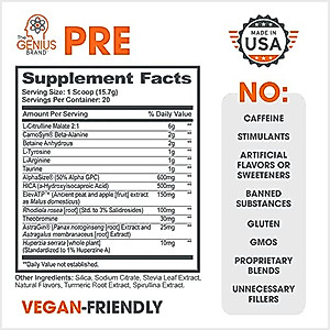 Genius Pre Workout Powder, Sour Apple - All-Natural Nootropic Pre-Workout & Caffeine-Free Nitric Oxide Booster Supplement with Beta Alanine & Alpha GPC - No Artificial Flavors, Sweeteners, or Dyes