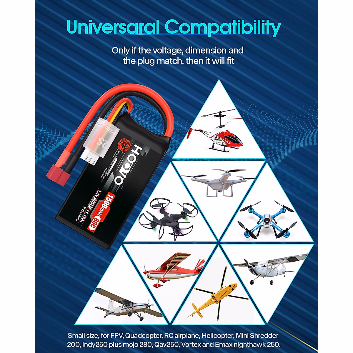 HOOVO 2S 7.4V 1500mAh 60C RC Lipo Battery Pack with Deans T Connector for RC Boat Truck RC Helicopter Airplane Quadcopter UAV Drone FPV Racing Hobby Models(2 Packs)