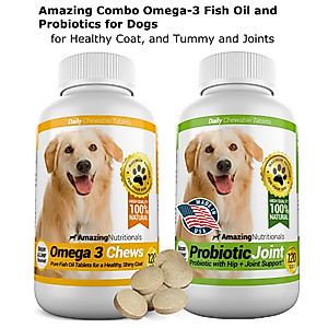 Amazing Combo Omega-3 Fish Oil and Probiotics for Dogs - Pure All-Natural Pet Antioxidant - Promotes Shiny Coat, Brain Health, Eliminates Diarrhea Gas and Joint Pain, 120 Tasty Chews x 2