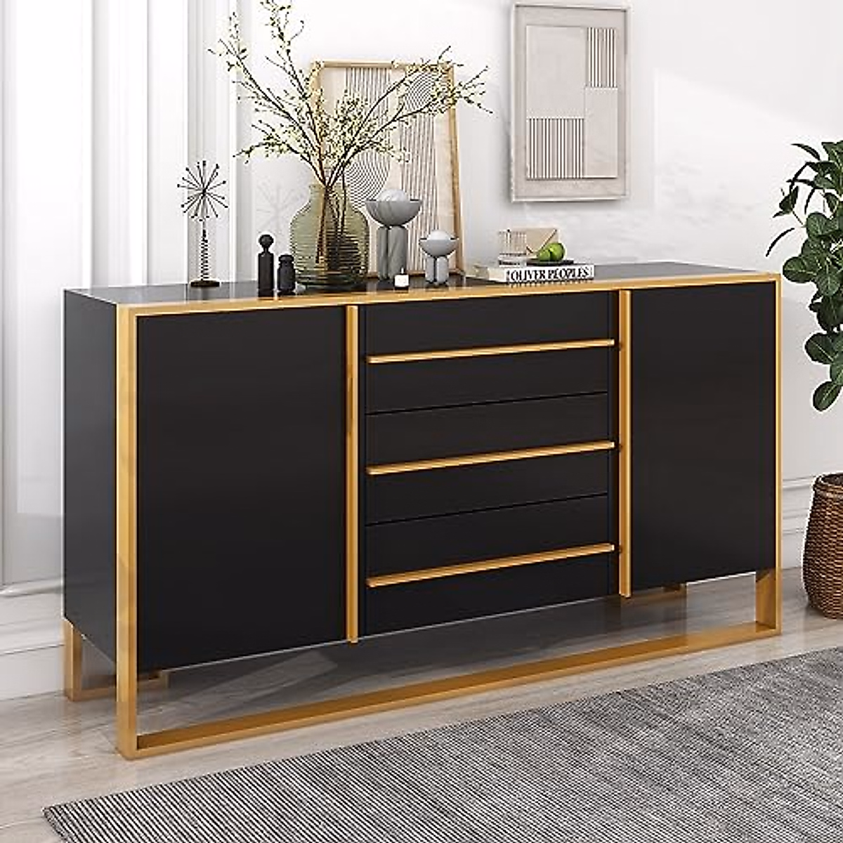 59" L Sideboard Buffet Cabinet, Modern Kitchen Storage Cabinet with 3 Drawer & 2 Doors Wood Cupboard Console Table with Gold Metal Legs Entryway Table Console Cabinet for Dining Living Room, Black