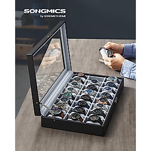 SONGMICS Watch Box, 24-Slot Watch Case, Lockable Watch Storage Box with Glass Lid, Gift Idea, Ink Black Synthetic Leather, Gray Lining UJWB024