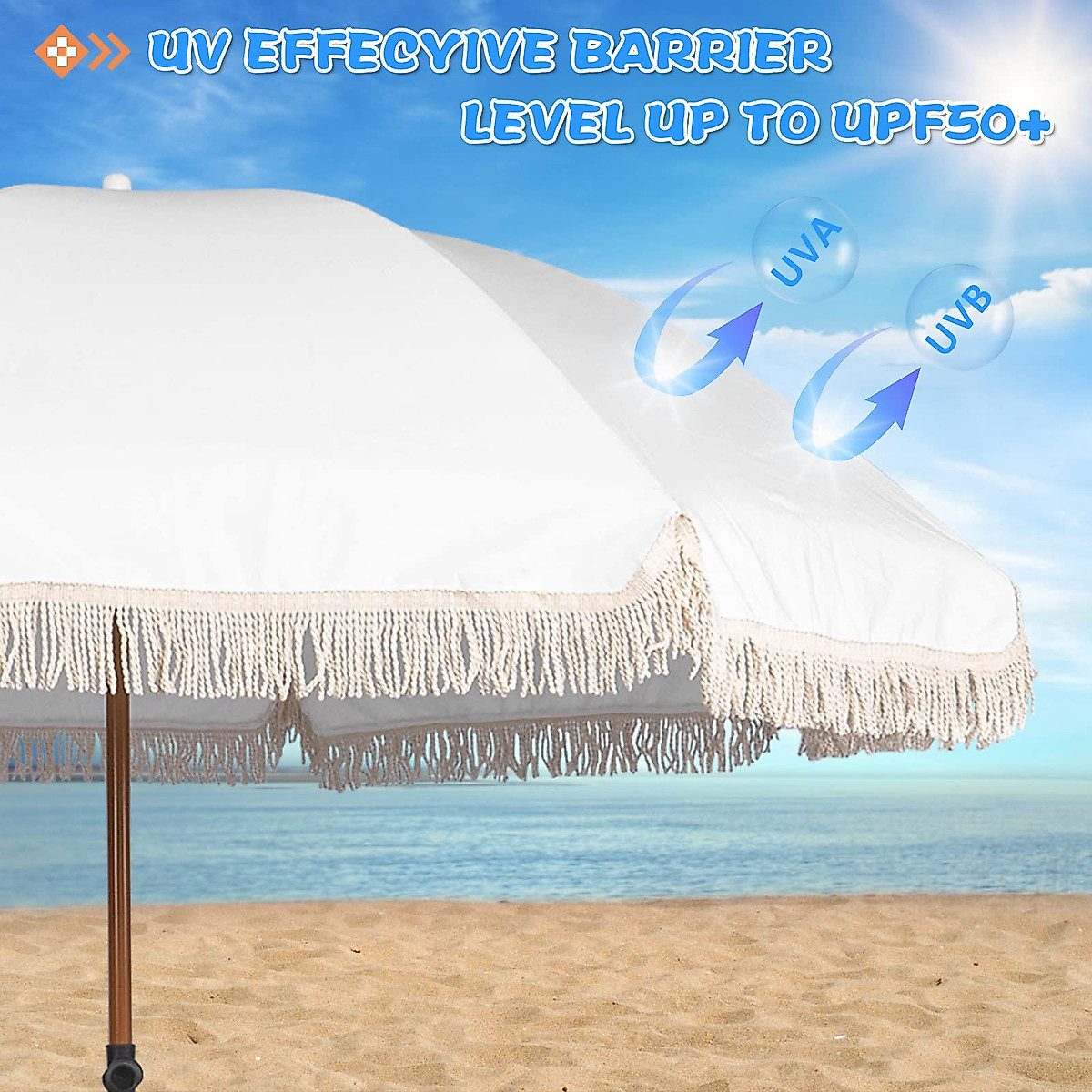 Funsite 7.5Ft Patio Beach Umbrella with Fringe, Tassel Umbrella UPF50+ with Push Botton Tilt & Crank, Holiday Outdoor Umbrella with Carry Bag Ideal for Garden, Lawn, Deck, Yard&Pool, White