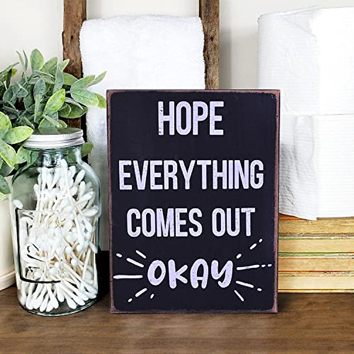 Noilk Funny Bathroom Decor Signs,Rustic Farmhouse Cute Restroom Washroom Home Decor For Shelf,Western Modern Room Wood Decorations Wall Art Accessories,Office Relex Sayings Box Sign Black