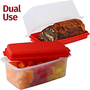 Bread Box -Dual Use Bread Holder/Airtight Plastic Food Storage Container for Dry or Fresh Foods -2 in 1 Bread Bin- Loaf Cake Keeper/Baked Goods -Keeps Bread Fresh- Red and Clear Cover - Signoraware (Red)