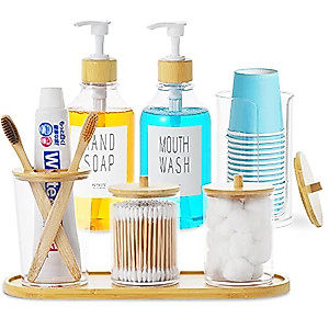VITVITI 7Pcs Bathroom Accessories, Mouthwash Lotion Soap Dispenser, Qtip/Cup/Toothbrush Holder, Plastic Bathroom Accessory Set with Bamboo Tray Lid, Clear