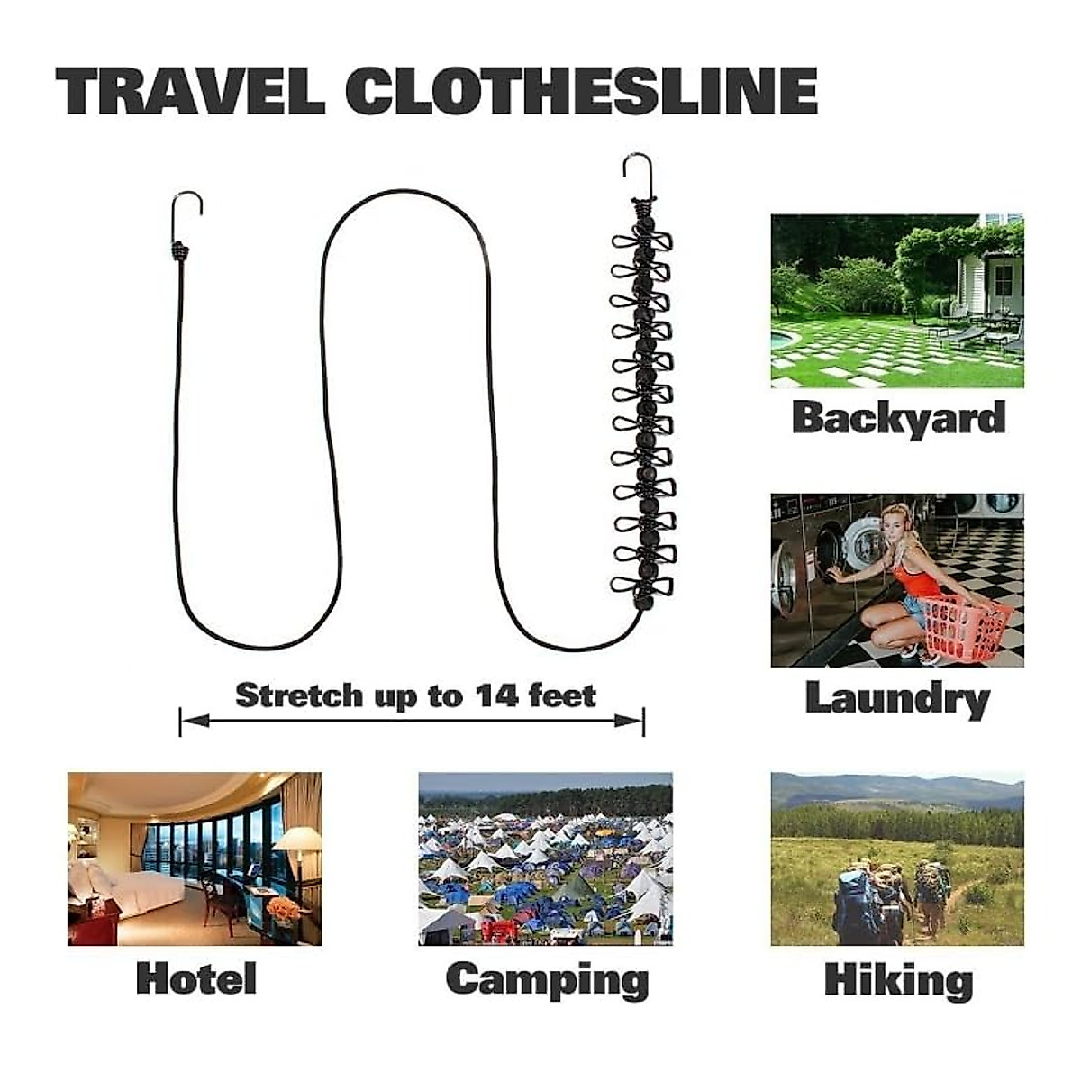 LUKEYLAND Portable Travel Clothesline,Adjustable Elastic Travel Camping Clothes line with 12 PCS Clips and 14 Positioning Clasp Windproof Clothesline Travel Camp（2pcs）