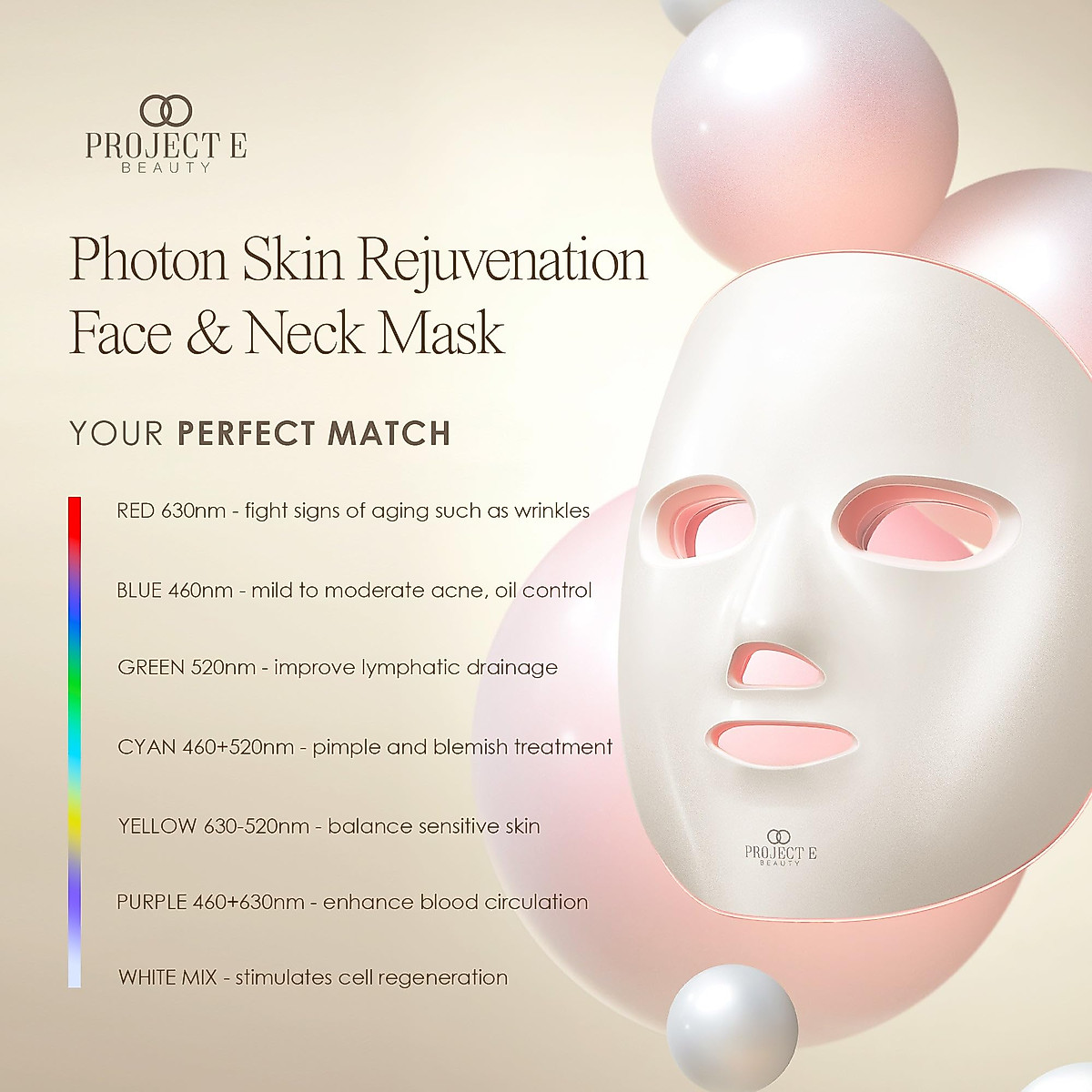 Project E Beauty LED Light Therapy Mask | LED Face & Neck Mask | Skin Rejuvenation | 7 Colors | Anti Aging | Reduce Wrinkles | Anti-inflammation | Brightening Skincare Mask