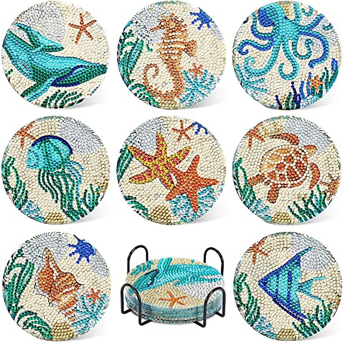 UPINS 8Pcs Diamond Painting Coasters for Drinks DIY Coaster Diamond Art Kits for Adults Kids Beginners Diamond Art Craft Supplies (Ocean)