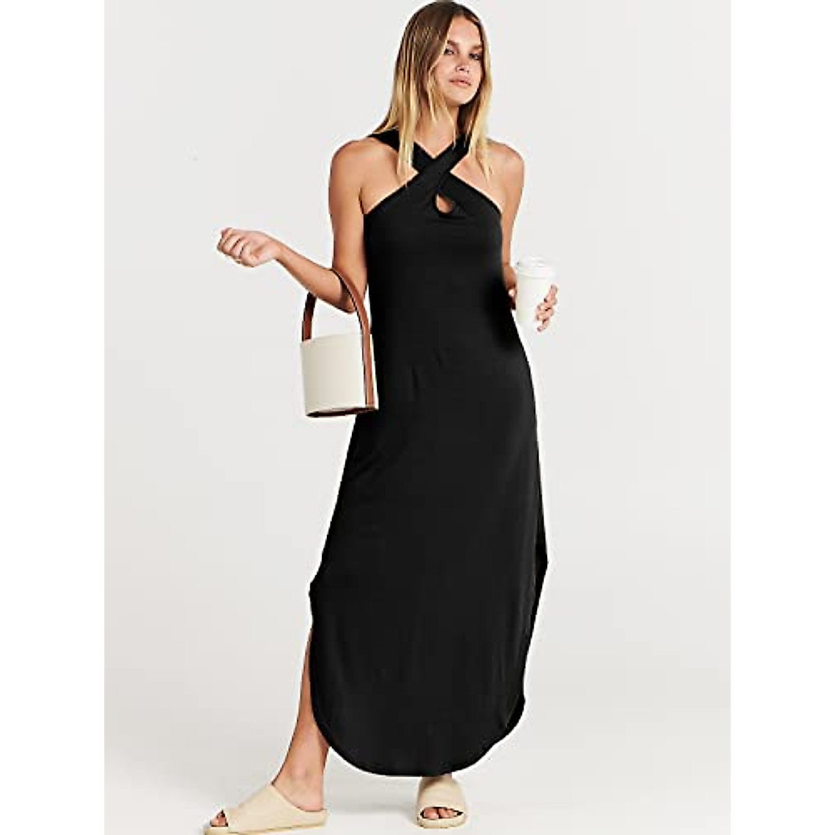 ANRABESS Women's Casual Loose Sleeveless Beach Dress Criss Cross Slit Maxi Sun Dresses 2023 Fashion Vacation Outfits Summer Clothes Resort Cruise Wear A453heise-XL Black