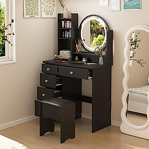 Hitow Vanity Desk Set with Lighted Mirror, Makeup Vanity with 5 Drawer & Shelf, Dressing Table with Touch Screen Light & Jewelry Organizer for Bedroom, Black (Lighted Mirror)