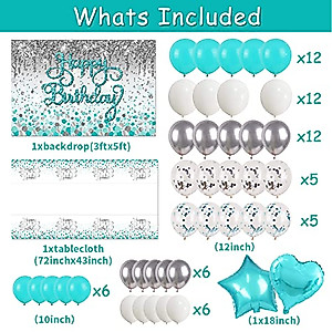 Happy Birthday Decorations Teal Balloon Garland for Girls Birthday Teal and silver Glitter Backdrop Teal Blue Balloons Garland Kit and Teal Dot Disposable Tablecloth