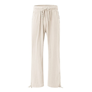 ZDJNSZTM Wide Leg Pants for Women 2023 Summer Linen Cotton High Waisted Drawstring Loose Long Baggy Palazzo Pant Trousers with Pockets Beige