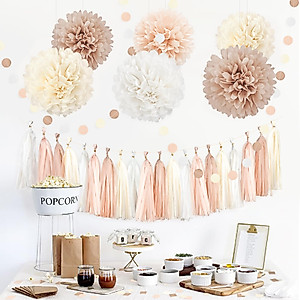 NICROHOME Boho Bridal Shower Decorations, Rustic Neutral Creamy White Tissue Paper Pom Poms Tassel, Dots Paper Garland Decorations Packages for Wedding Baby Shower Birthday Party Table Decorations