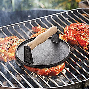 Cast Iron Grill Press, Safe-Touch Comfort-Grip Wood Handle,8 inch,Heavy-Duty Round Bacon Steak and Burger Press for Griddle, Outdoor Grill, Panini, Tortilla