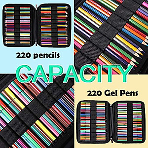 JAKAGO 220 Slots Colored Pencil Case Large Capacity Pen Holder for Artist Painter Zipper Organizer Bag for Marker Highlighter Storage Case for Office Sketch Travel Supplies (Black)