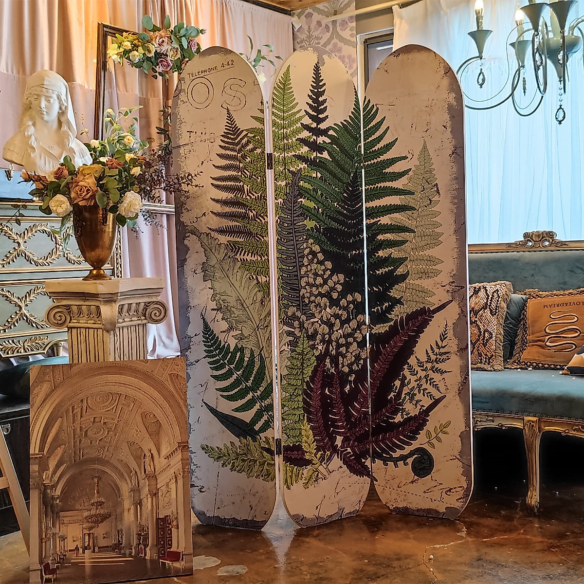 LANDCHY Black Forest Style Room Divider Screen Wood Privacy Screens Fern Leaf Painting 3-Panel Foldable Portable Room Separating Divider Partitions and Dividers Freestanding Home Decor 71'' Tall