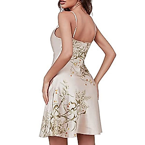 LYANER Women's Satin Print Cowl Neck Spaghetti Straps Nightdress Sleepwear Nightgown Beige Medium