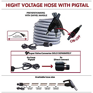 Nadair Central Vacuum kit, 40ft high-Voltage Hose with on/Off Switch at The Handle 5 Adjustable Heights powerhead, 12'' swiveling Floor Brush and Accessories Included, 40 FT, Grey