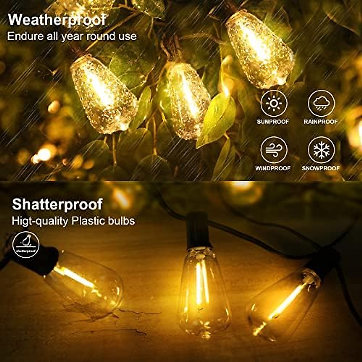 RTTY Solar String Lights Outdoor Waterproof 100ft with Remote and 52 Edison Bulb,Dimmable&Shatterproof,ST38 Solar Powered String Lights for Outside,Patio,Porch
