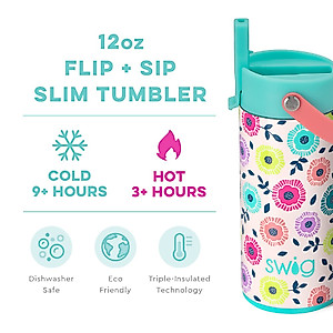Swig Life 12oz Insulated Water Bottle for Kids with Straw & Flip + Sip Handle, Dishwasher Safe, Cup Holder Friendly Stainless Steel Water Bottle for Girls and Boys (Dipsy Daisy)