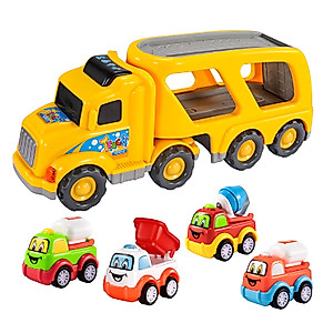Construction Car Toys for Toddlers Kids, Carrier Truck Toy for 1 2 3 4 5 6 Year Old, 5 in 1 Friction Powered Car Toy for Boys & Girls, Push and Go Vehicles, Christmas Kids Gift Age 3-8