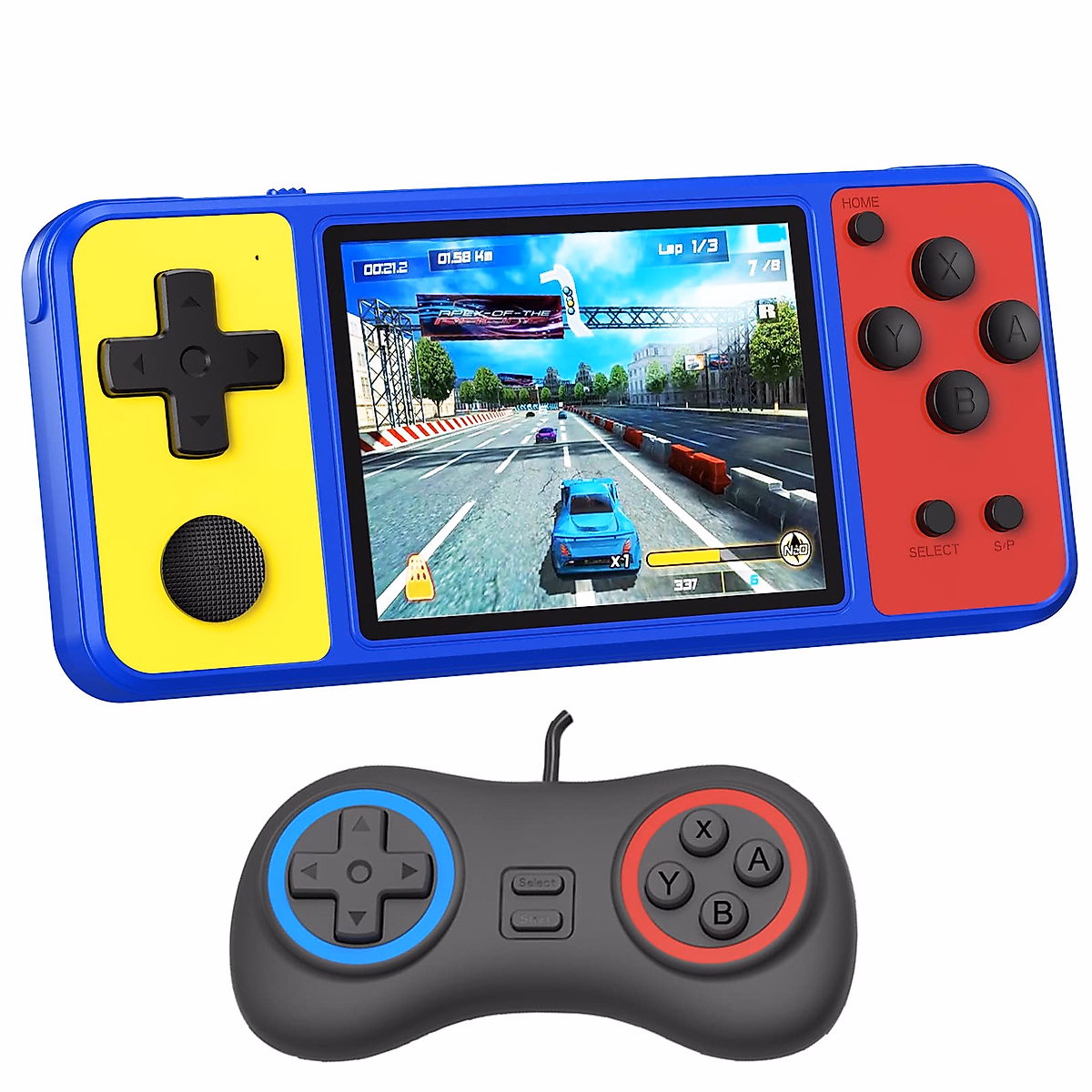 Great Boy Handheld Game Console for Kids Preloaded 270 Classic Retro Games with 3.0'' Color Display and Gamepad Rechargeable Arcade Gaming Player (Blue Yellow Red)