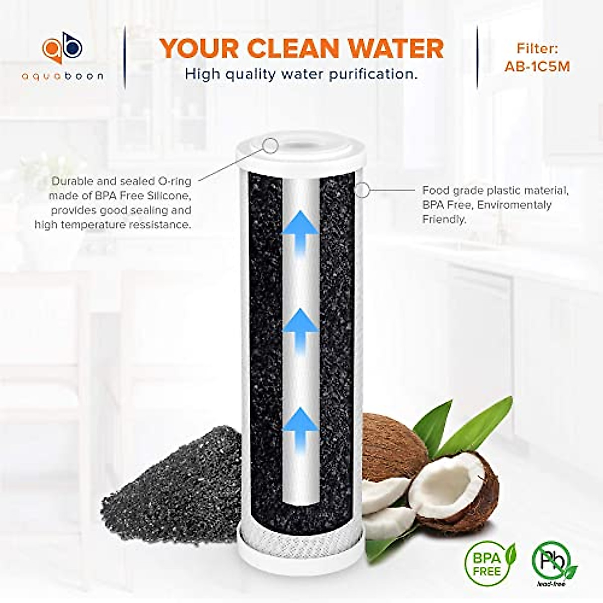 Aquaboon 10" x 2.5" Replacement Water Filter Set of 1 Carbon and 1 Sediment, 5 Micron 10 inch Cartridges, Compatible with DWC30001, WFPFC8002, FXWTC, WHEF-WHWC, WHKF-WHWC, Pentek DGD, RFC