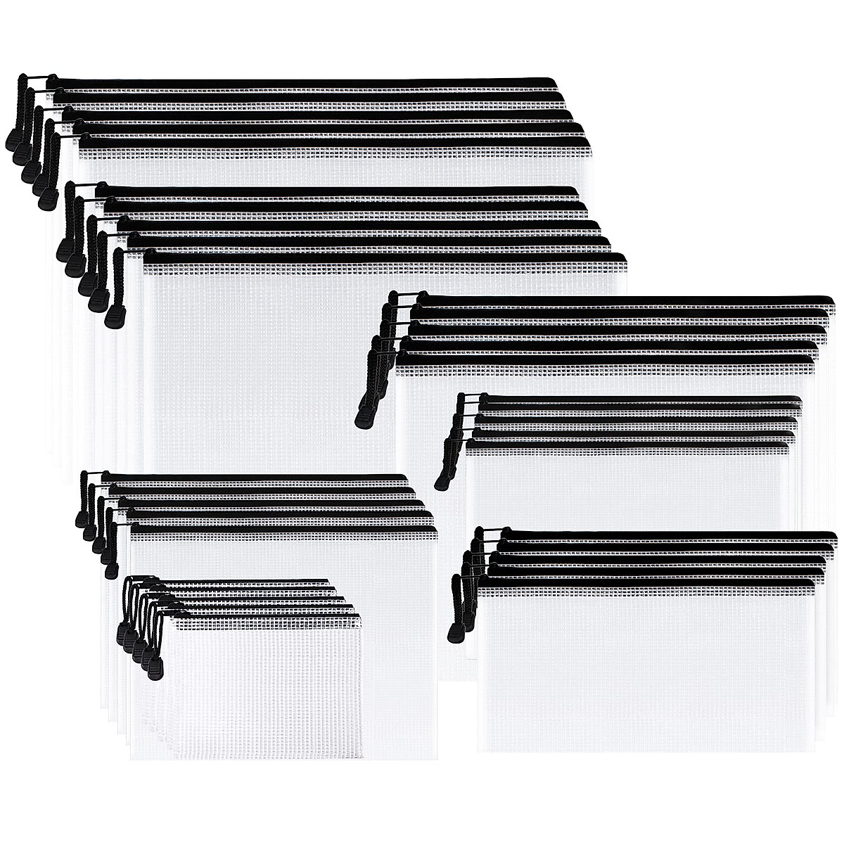 SUNEE 12+30 Mesh Zipper Pouch Bundle (12PCS 11x16 Black & 30PCS Muti-Sizes Black)