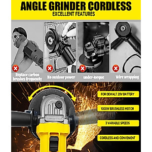 Cordless Angle Grinder for Dewalt 20v Batteries,11000RPM Brushless Electric Grinder,3 Variable Speed Metal Grinder for 4-1/2"Wheels with Adjustable Handle Grinding,Cutting And Polishing (Not Battery)