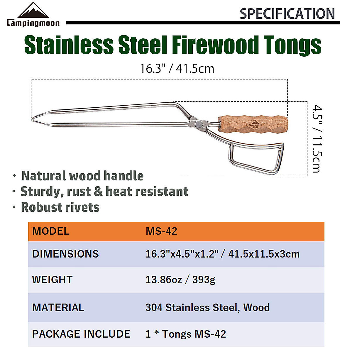CAMPINGMOON Stainless Steel Fireplace Firewood Tongs MS-42