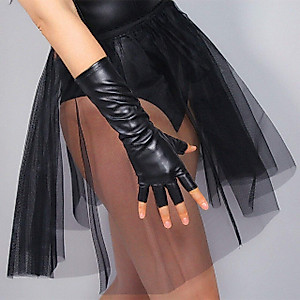 Women Half Finger Latex Long Gloves Faux Patent Leather Shine 28cm Fingerless Cosplay Gloves (Black)