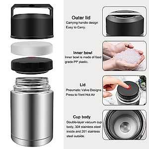 Zalaxt 35oz Soup Thermos, Stainless Steel Thermos for Hot Food, Wide Mouth Food Thermos Jar, Insulated Lunch Container Leak Proof Vacuum Thermal Flask (silver-35oz)