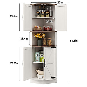 Vabches 64.8" Tall Farmhouse Corner Cabinet with 4 Doors and 5 Storage Shelves, Farmhouse Storage Cabinet with Barn Door Design, Home Space Saver for Living Room, Kitchen, Laundry Room,White