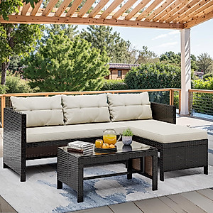 Meilocar Patio Furniture Set 3 Pieces, Outdoor Patio Sectional Sofa, Weaving Wicker Rattan All Weather Patio Seating Sofas with Cushion and Glass Coffee Table (Beige)
