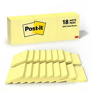 Post-it Notes, 3x3 in, 18 Pads, America's #1 Favorite Sticky Notes, Canary Yellow, Clean Removal, Recyclable (654-14+4YW)