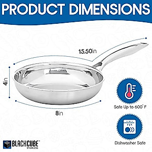 Black Cube Stainless Steel 8-inch Frying Pan, 3 Ply Professional Grade Steel Skillet, Sliver, Dishwasher Safe