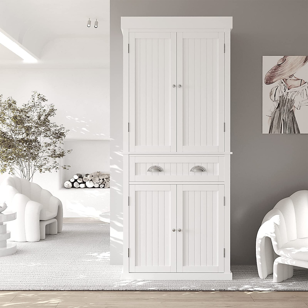 Squireewo 72" Freestanding Kitchen Pantry Storage Cabinet with Doors and Adjustable Shelves,Storage Cupboard with Large Drawer for Kitchen,Bathroom or Hallway,White