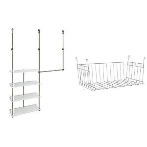 ClosetMaid 55300 Closet Maximizer with (4) Shelves & Double Hang Rod, Tool Free Add On Unit, White Finish & 6222 Hanging Basket for Wire Shelving , White