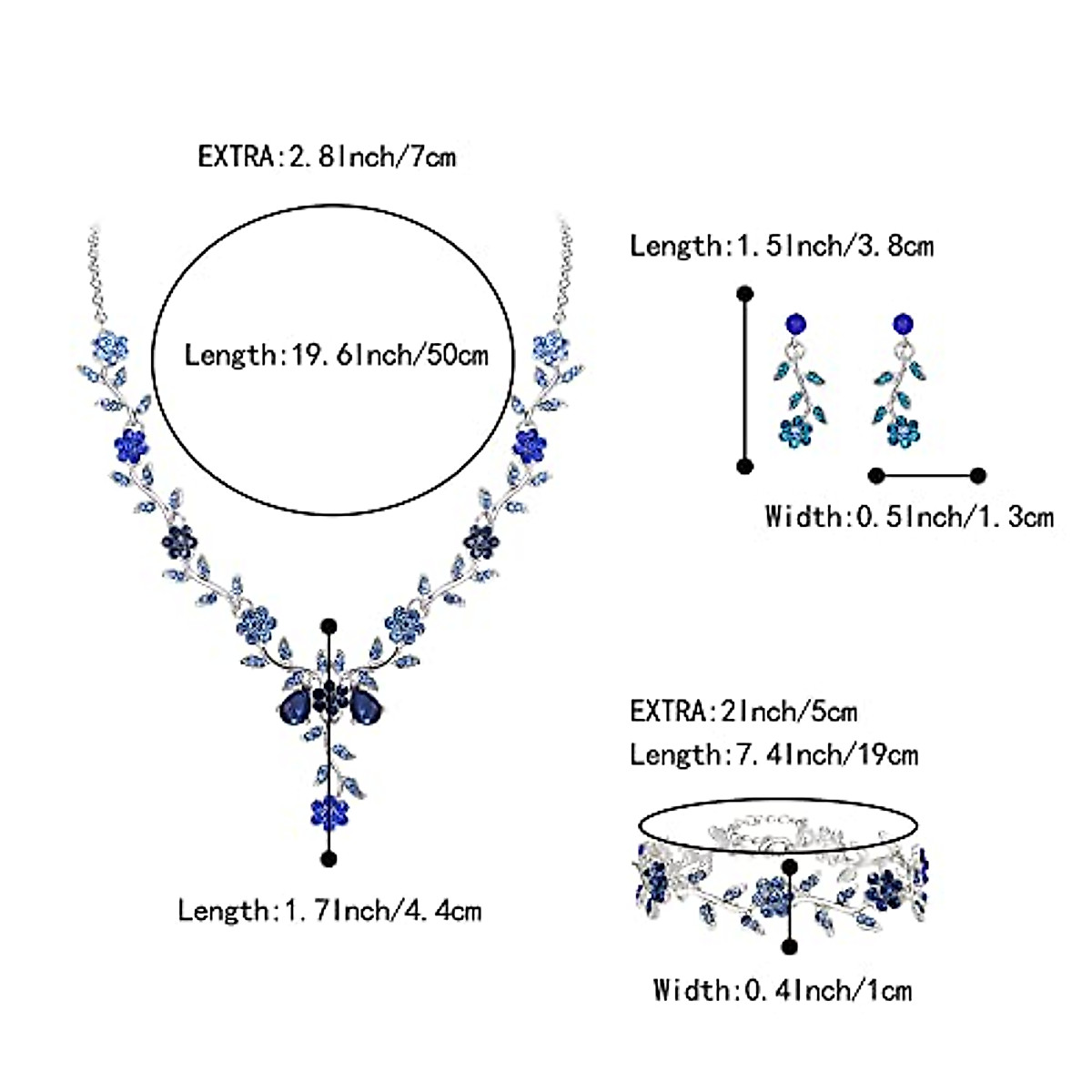 BriLove Women's Wedding Jewelry Set Leaf Cluster Flower Crystal Dangle Earrings Pendant Necklace Link Bracelet Set for Bridal Bride Blue Silver-Tone