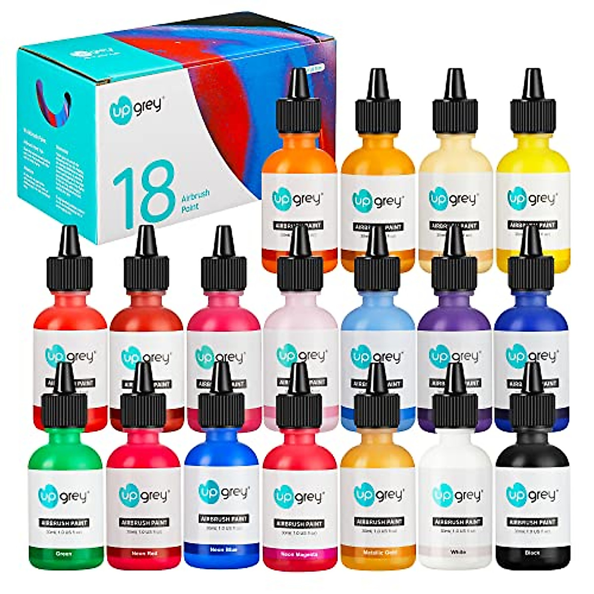 UPGREY Airbrush Paint, 18 Color Airbrush Paint Set, Opaque & Neon Colors, Water Based Acrylic Airbrush Paint Kit for Artists, Painting on Canvas, Wood (18 Colors (30 ml/1 oz))