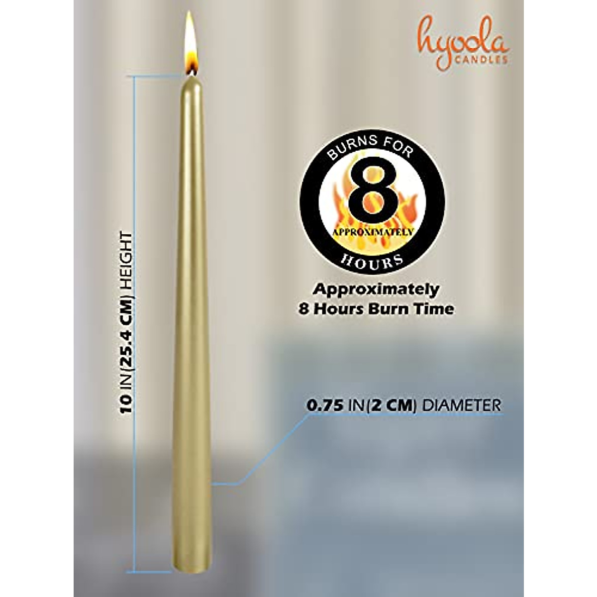 Hyoola Tall Metallic Cream Gold Taper Candles - 10 Inch - Dripless - 12 Pack - 8 Hour Burn Time