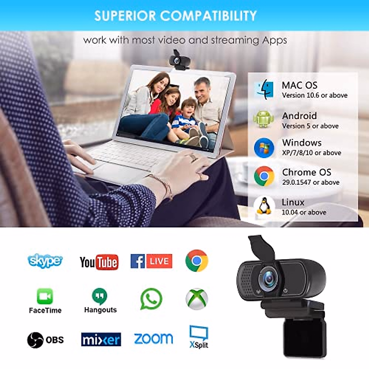 Webcam, HD Webcam 1080P with Privacy Shutter and Tripod Stand, Pro Streaming Web Camera with Microphone, Widescreen USB Computer Camera for PC Mac Laptop Desktop Video Calling Conferencing Recording