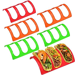 Koluti Colorful Taco Holder Stand Set of 6, Hard and Sturdy Taco Shell Plates Tray Style Rack, Each Hold 3 Tacos, BPA Free Food Grade Plastic Material, Microwave & Dishwasher Safe, （Red Orange Green）