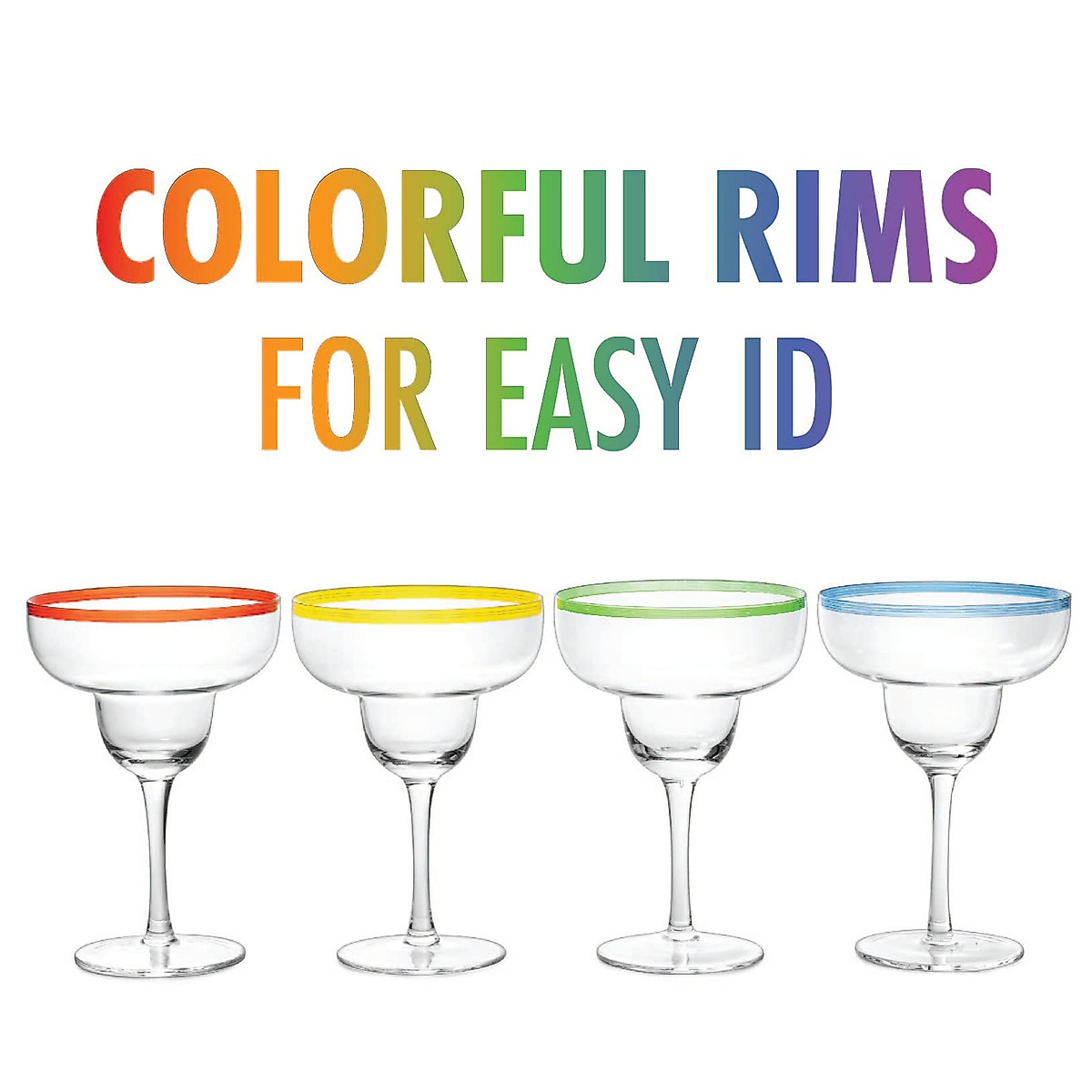 12 oz Margarita Cocktail Glasses + Colorful Party Rims | Set of 4 | Heavy Duty, Thick, Hand Blown, Classic Frozen Drinks Stemware + Fun Mexican Gift Box, Great Gifts! Fiesta Party Decoration Glasses