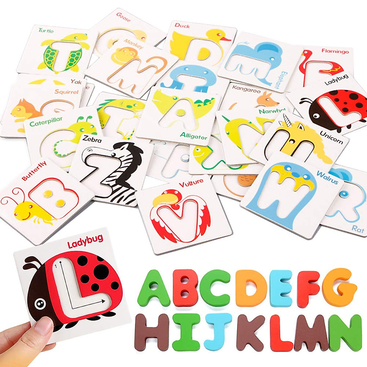 Vankcp 26Pcs Wooden Letters Card Numbers Alphabets ABC Flash Cards Set Montessori Animal Color Cognition Matching Puzzle Game