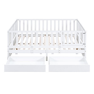 Wood Full Size Daybed with Fence Guardrails and 2 Drawers, Used as Independent Floor Bed & Daybed,for Kids Toddler Teens Adults Bedroom Use (White@Fence/, Full)