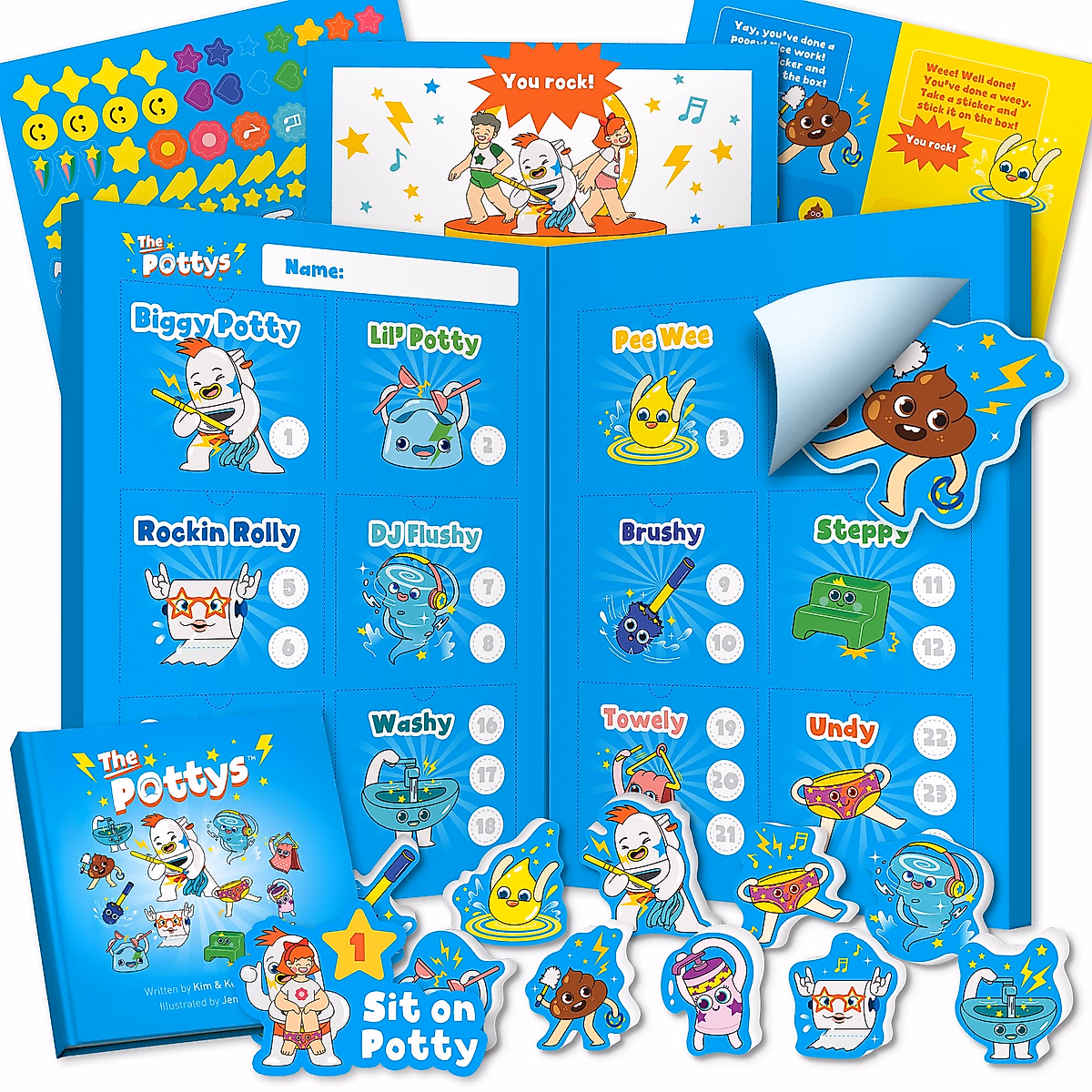 THE POTTYS Funny Potty Training Chart Game for Boys and Girls, Potty Training Rewards for Toddlers - 12 Foam Toys, Potty Stickers, Certificate, Cue Cards and Potty Book for Toilet Training