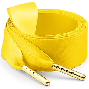 WEGOODZF Ribbon Satin Sneakers Shoelaces: 2 Pair 22mm Wide 47 inch Yellow + Gold Metal Tips Flat Silk Shoe Laces